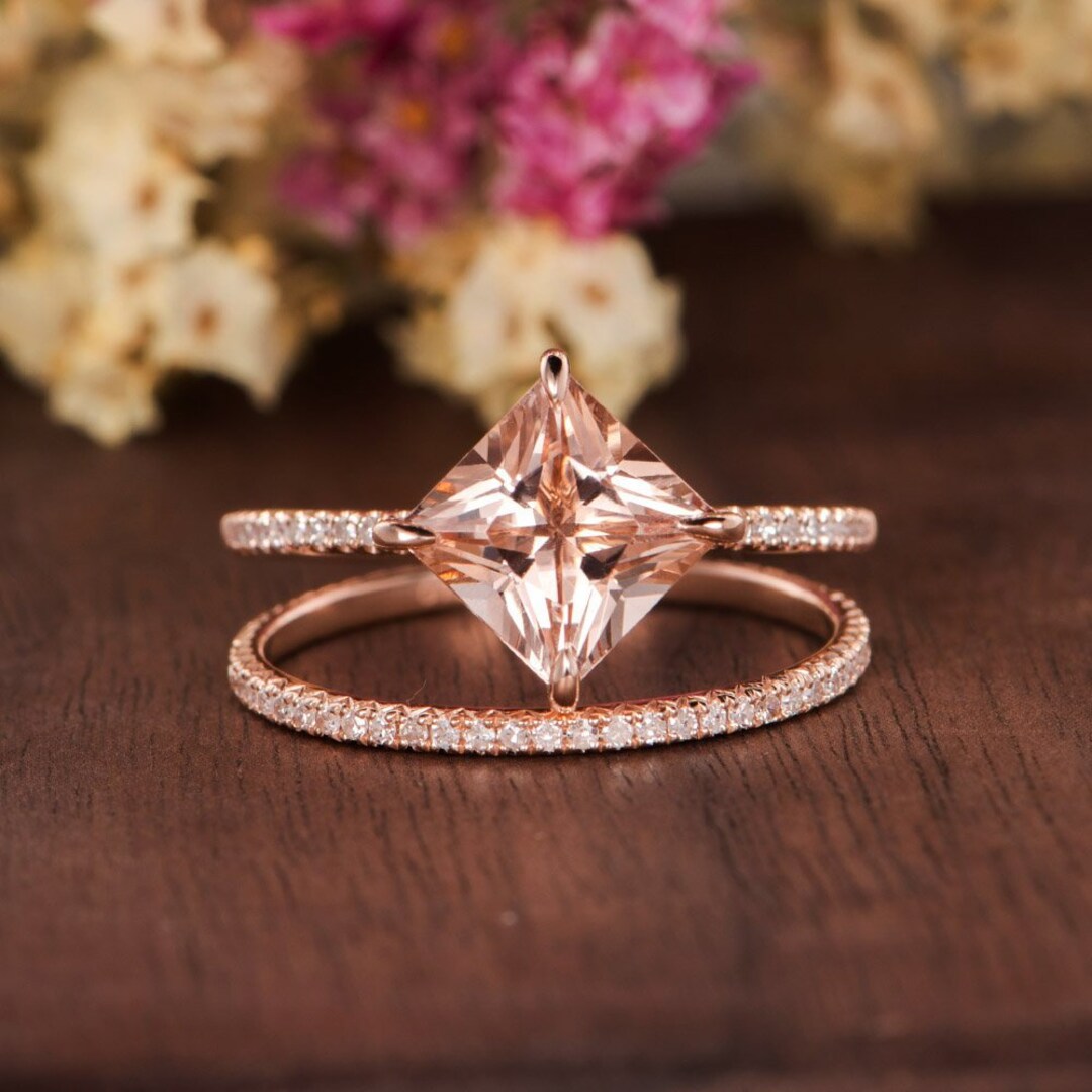 Unique Morganite Engagement Ring Set Rose Gold Bridal Set Princess Cut ...