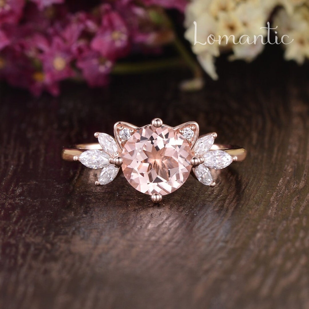 Morganite Engagement Ring Cat Ring Marquise Moissanite Cluster Rose ...