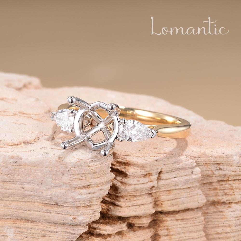 Custom Three Stone Semi Mount Pear Moissanite Engagement Ring Setting ...