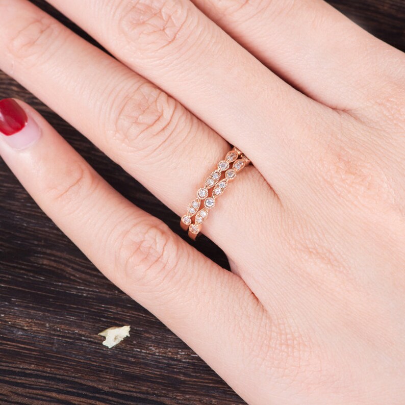 Rose Gold Wedding Band Set Women Diamond Antique Stacking | Etsy