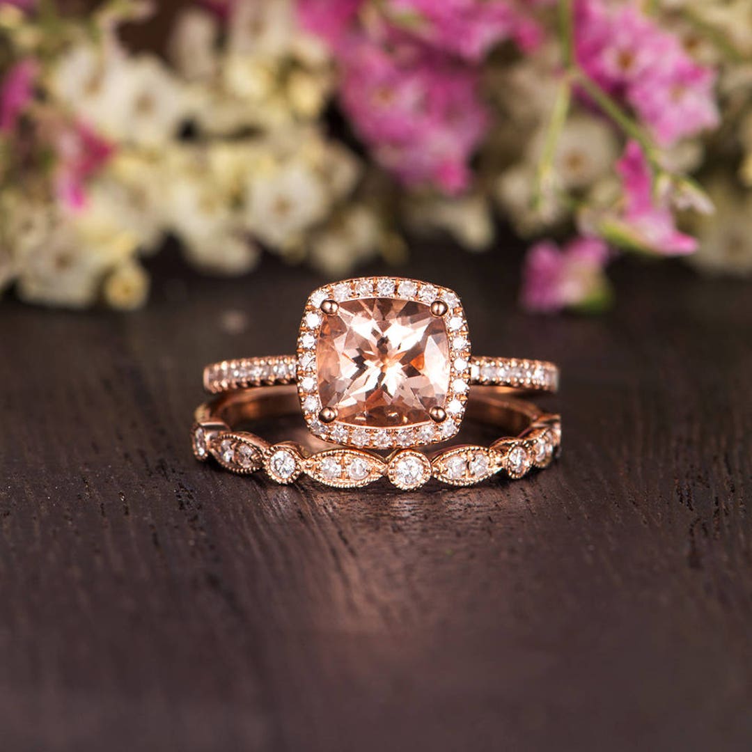 Morganite Engagement Ring Rose Gold Bridal Set Wedding Cushion Cut Art ...