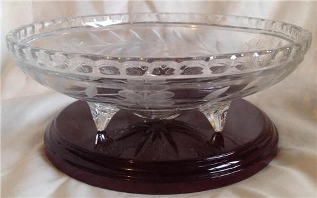 Cut Glass 3 Footed Bowl Flower Stem Design With Mahogany Stand Table ...