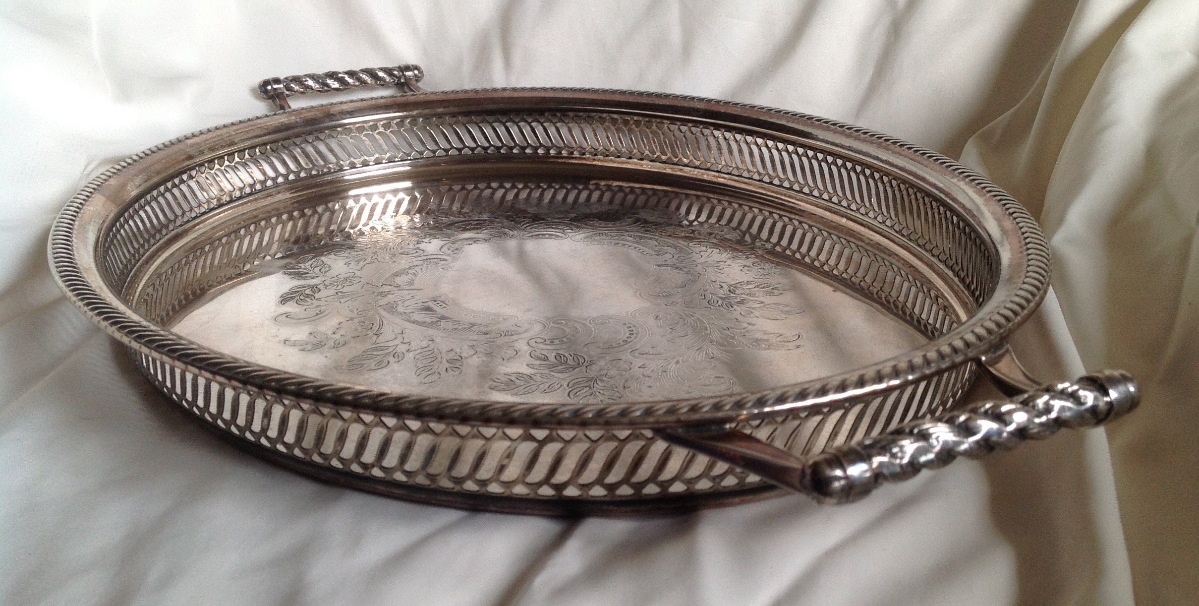 Large Oval Silver Plate Serving Tray Gallery Fretwork Central - Etsy