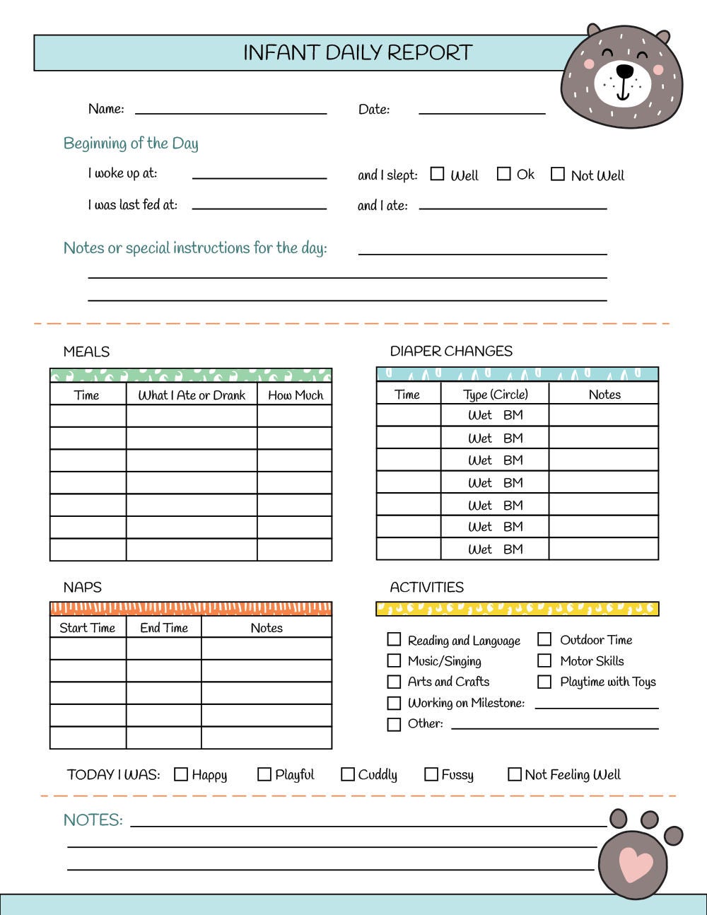 Printable Nanny Log - Daily Infant Care Sheet - Babysitter Caregiver ...