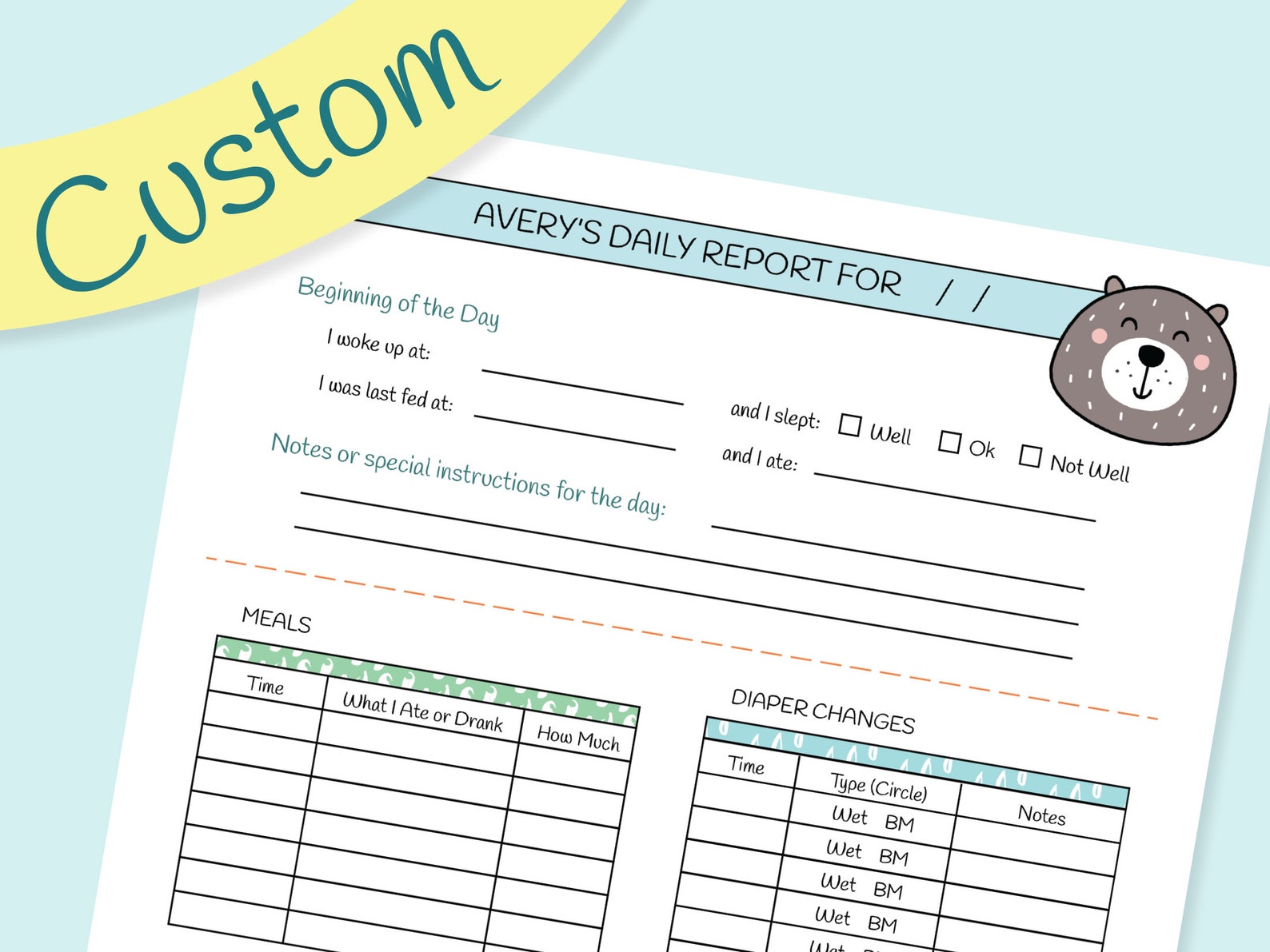 Custom Printable Nanny Log Daily Infant Care Sheet | Etsy