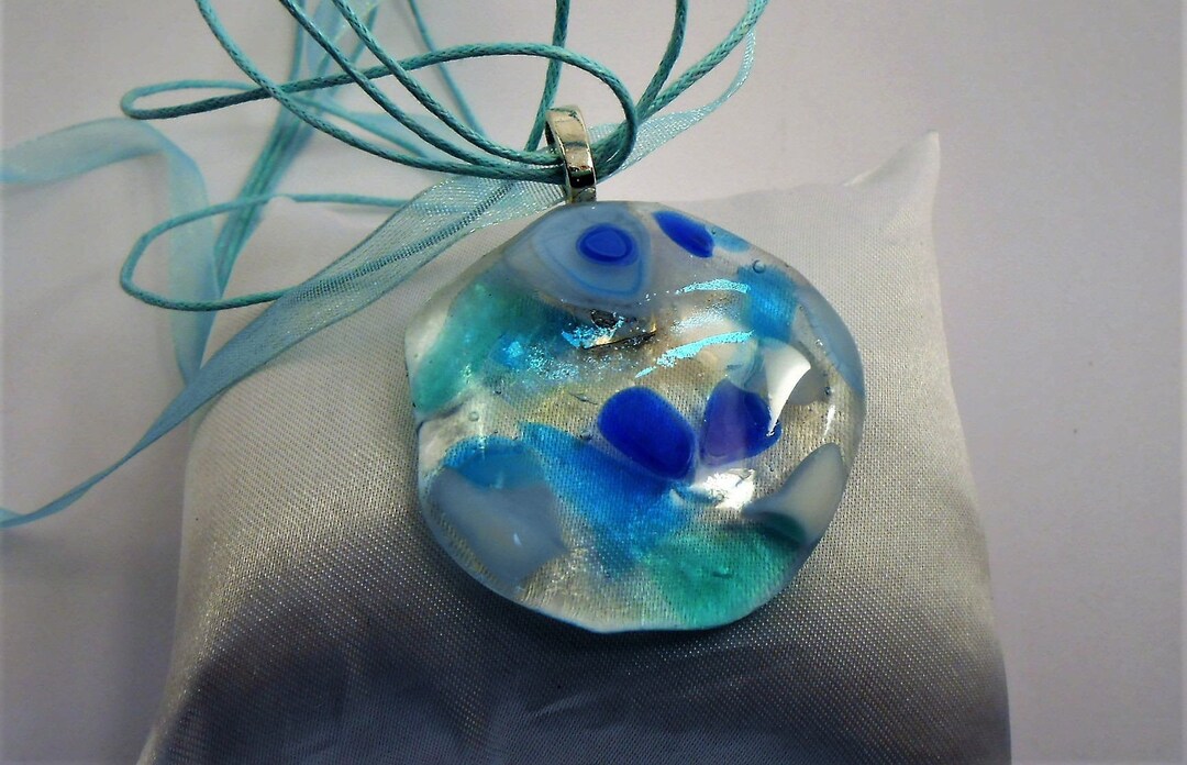 Round Transparent Blue White Glass Necklace Fusing Silver Bail and ...