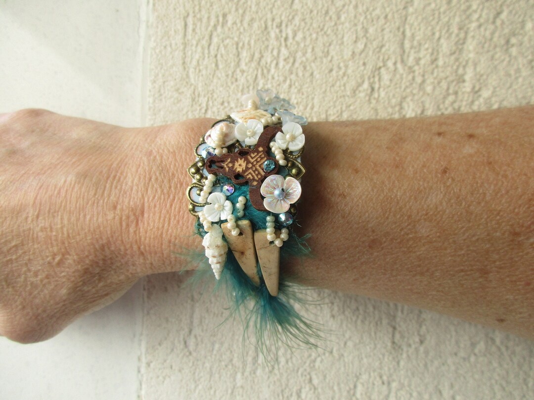 Bracelet Catches Dreams, Rigid, Boho, With a Wooden Charm, Flower Beads ...