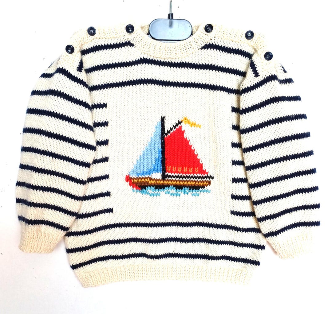 Children's Sailor Sweater With a Boat Design, Hand-knitted in Wool ...