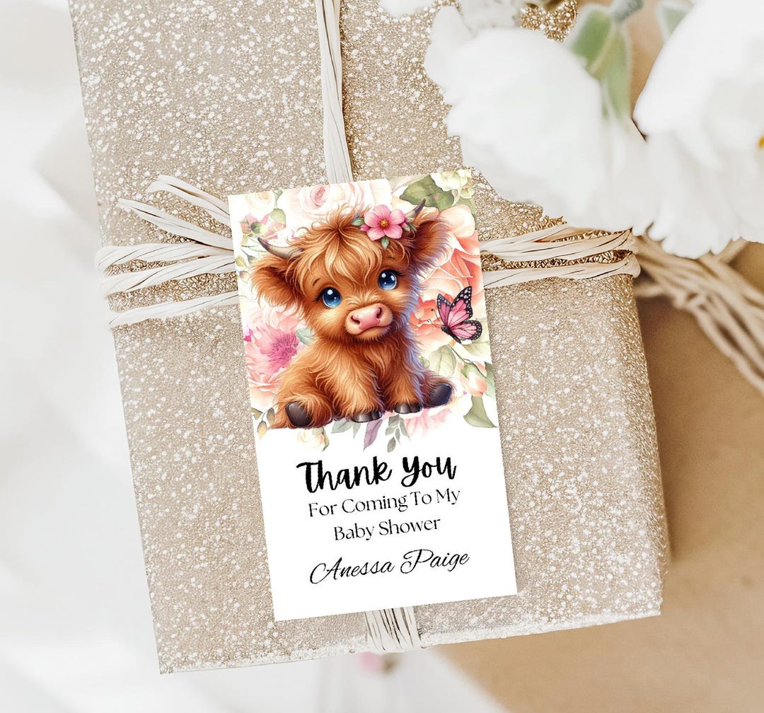 Editable Highland Cow Baby Shower Gift Tag, Highland Cow Baby Shower ...