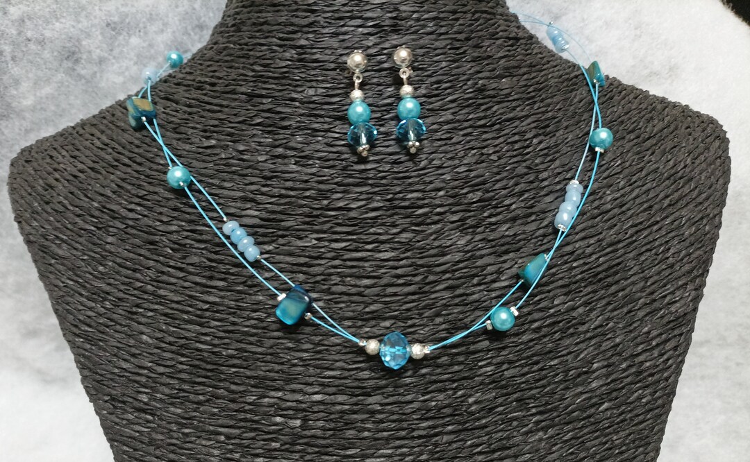 Crystal Blue Pearl Necklace Necklace Earrings Gift Woman - Etsy