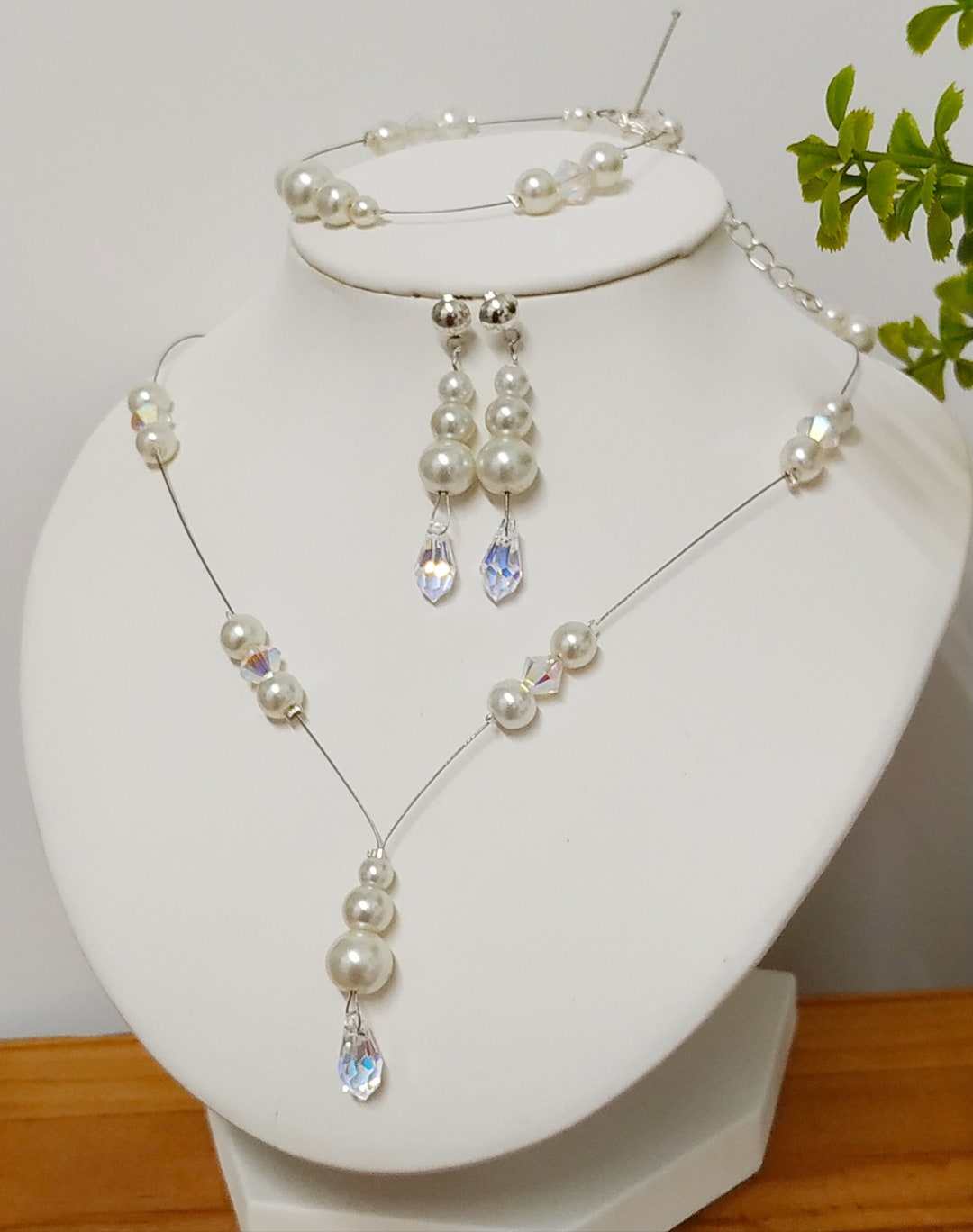 Necklace, Ivory Crystal Beads, Wedding Necklace, Bracelet, and Earrings ...