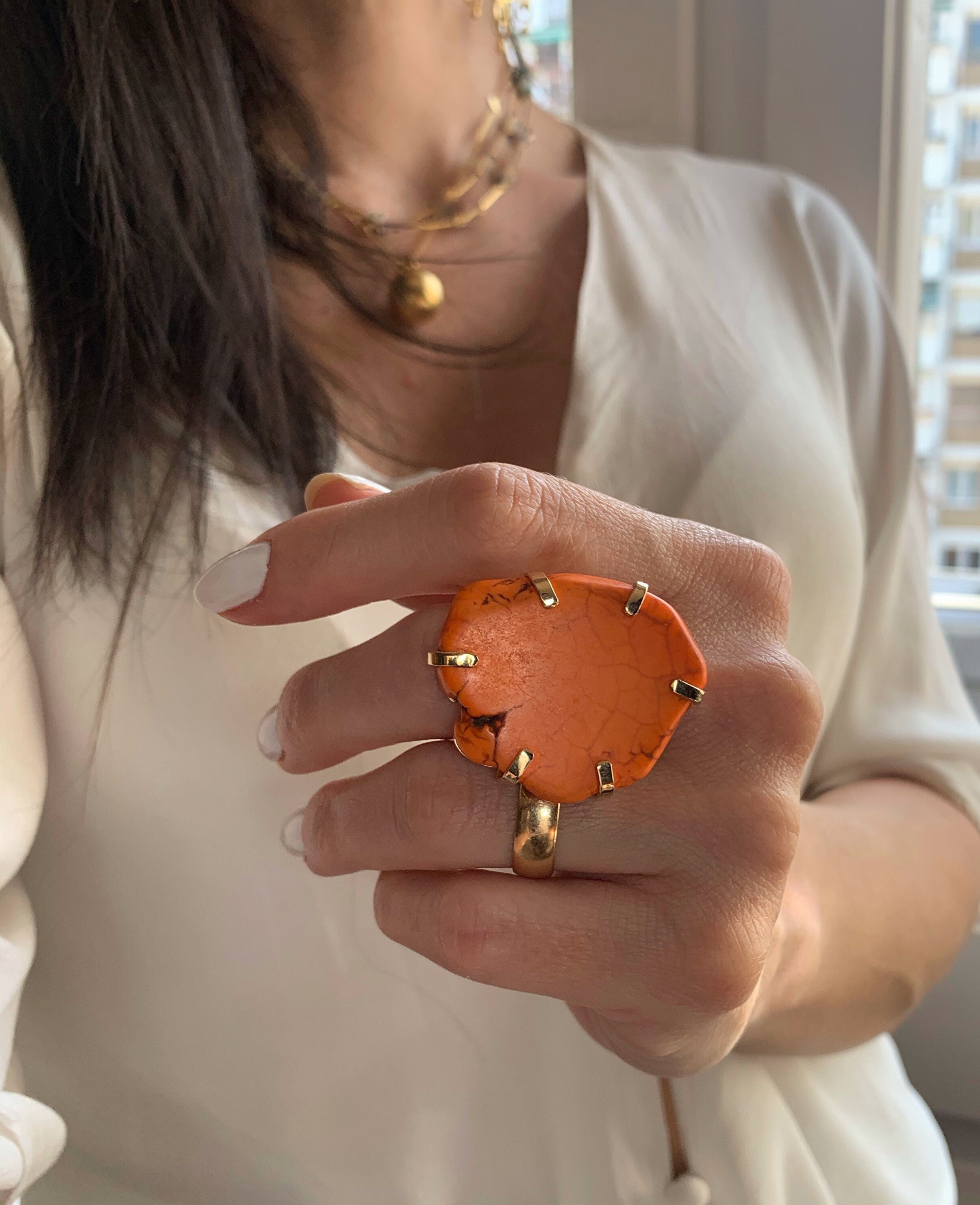 Maxi Orange Magnesite Ring. Handmade. Adjustable With 18k Gold - Etsy UK