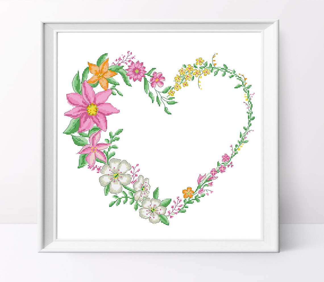 Wedding Floral Heart Cross Stitch Pattern Pink Flowers Cross | Etsy