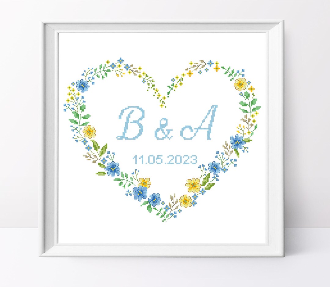 Wedding Floral Heart With Blue Flowers Cross Stitch Pattern Flower ...