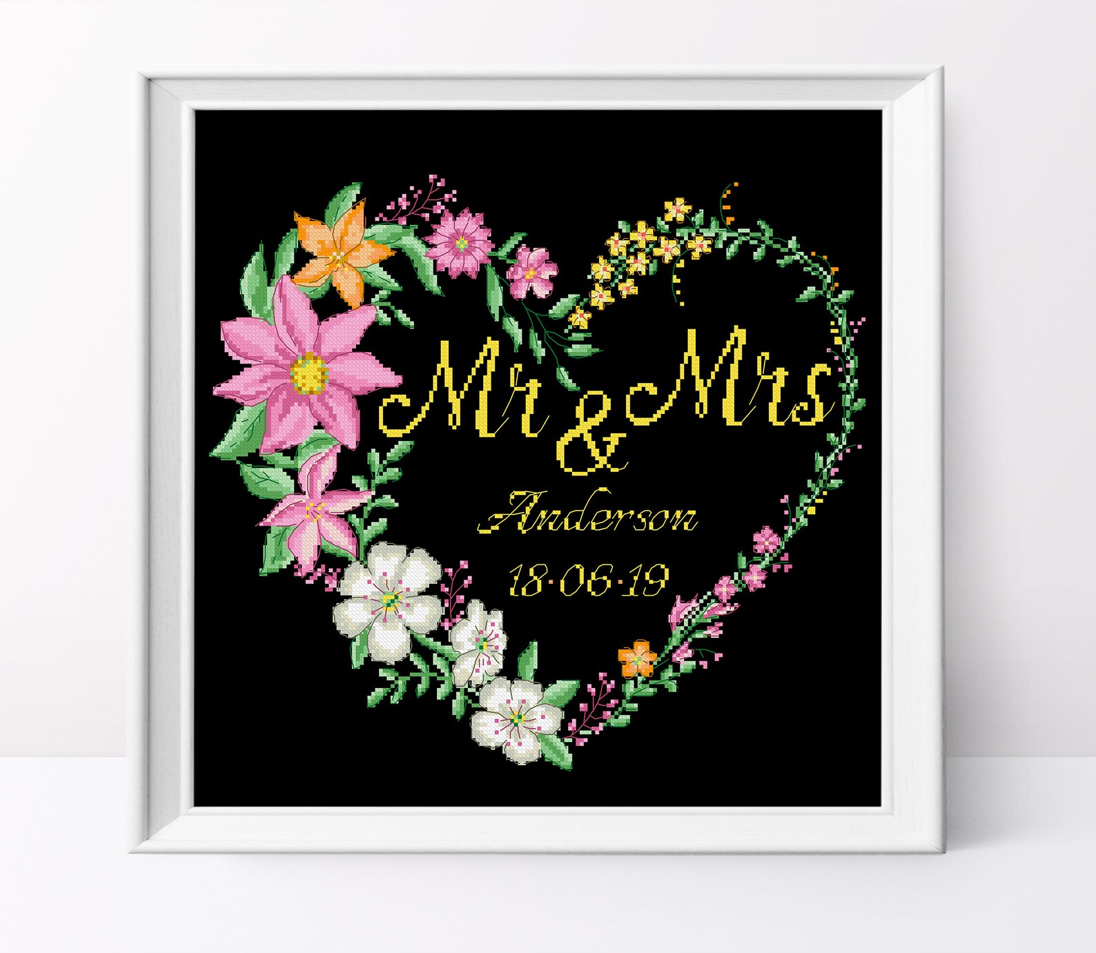 Wedding Floral Heart Cross Stitch Pattern Pink Flowers Cross | Etsy