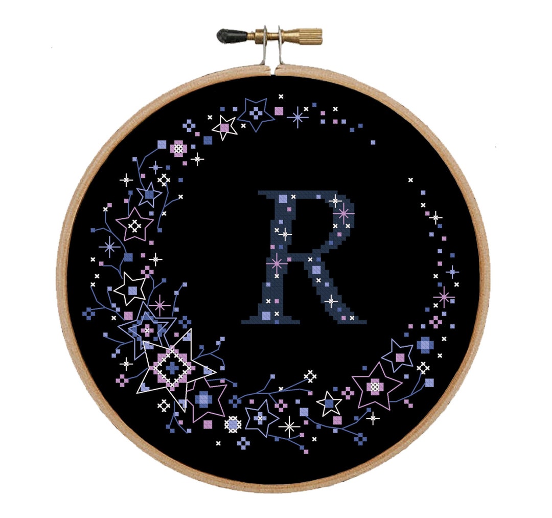 Star Monogram 'R' Cross Stitch Pattern: Wreath Design (PDF Pattern) - Etsy