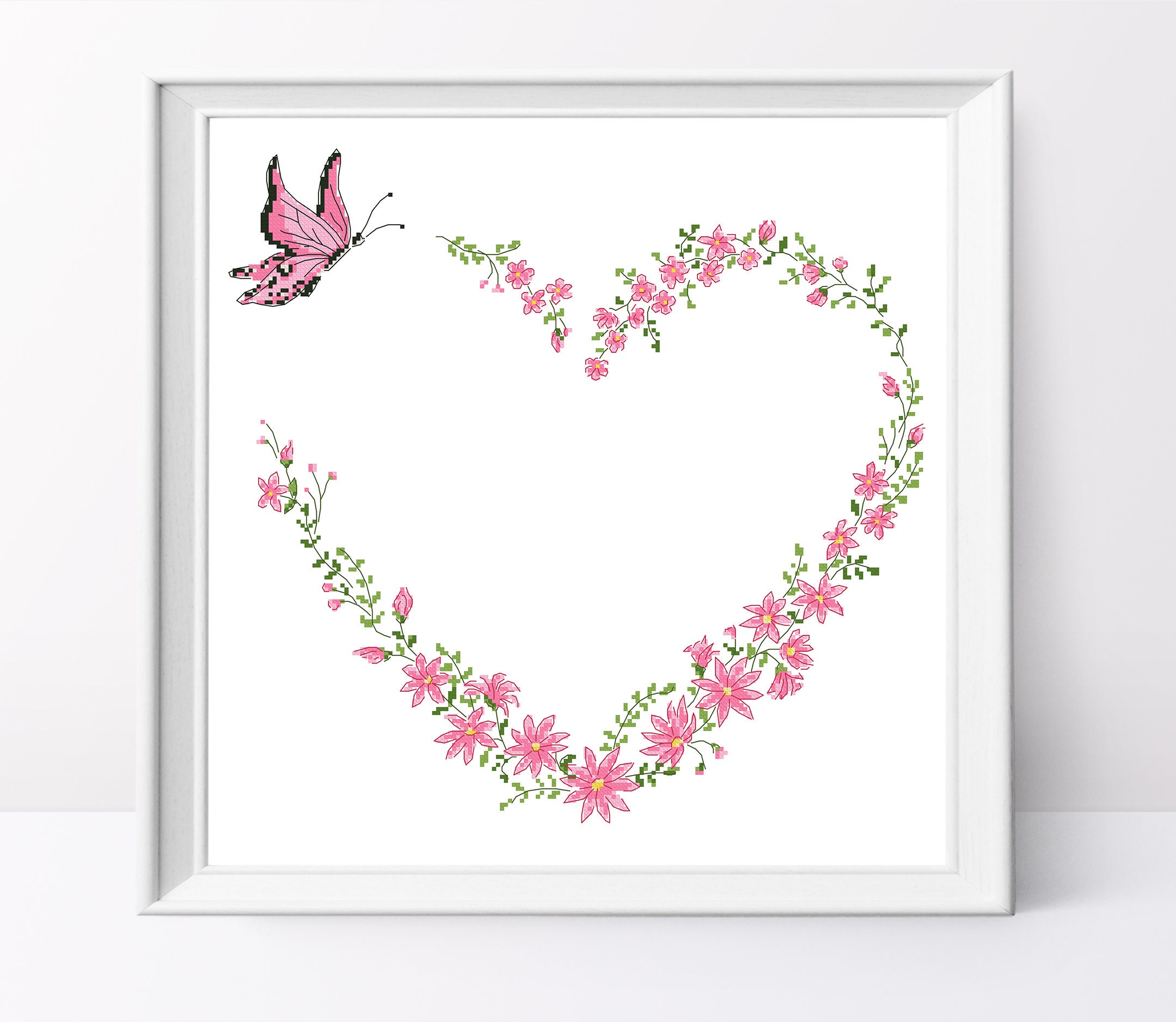Pink Floral Heart Cross Stitch Pattern Wedding Cross Stitch | Etsy