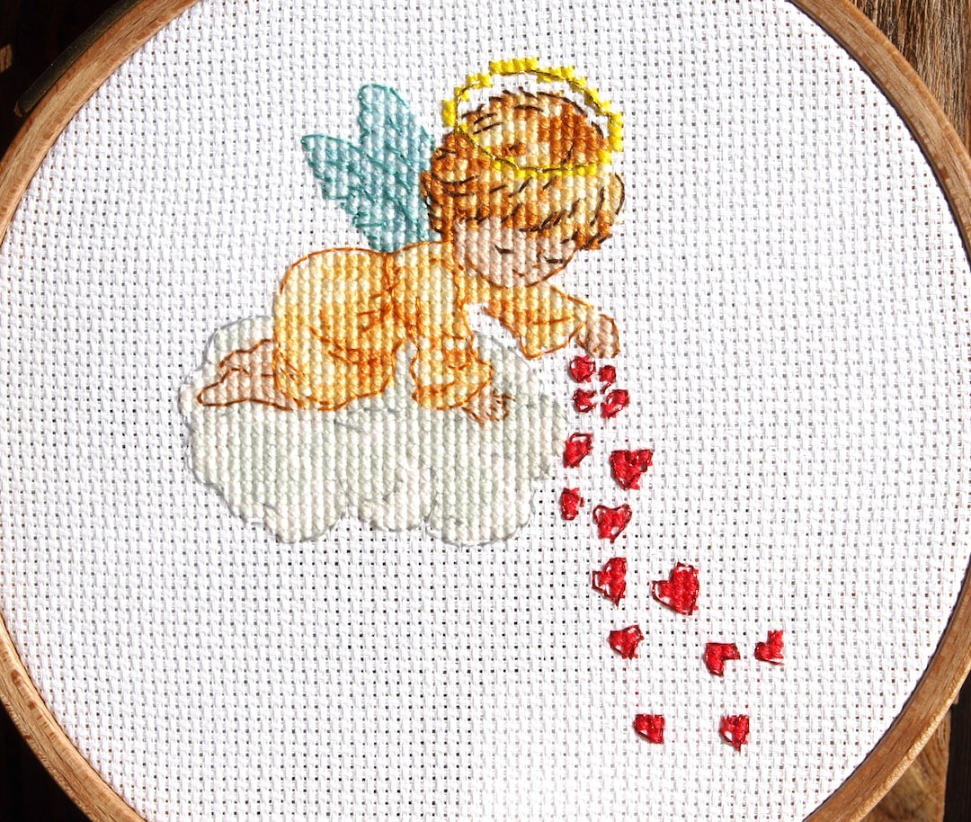 Little Angel #2 Cross Stitch Pattern Angel With Hearts Cross Stitch ...