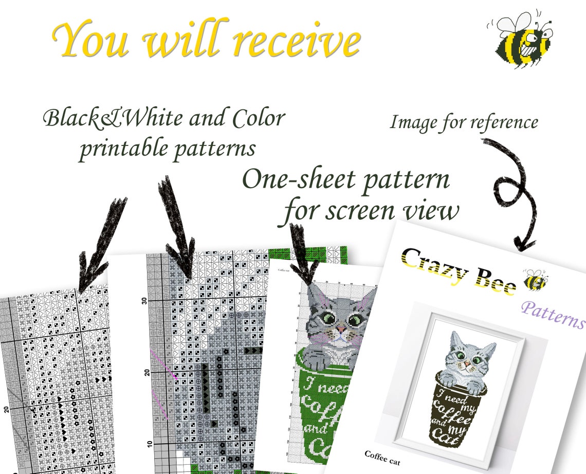 Coffee Cat Cross Stitch Pattern. Coffee and Tabby Cat Pattern. - Etsy