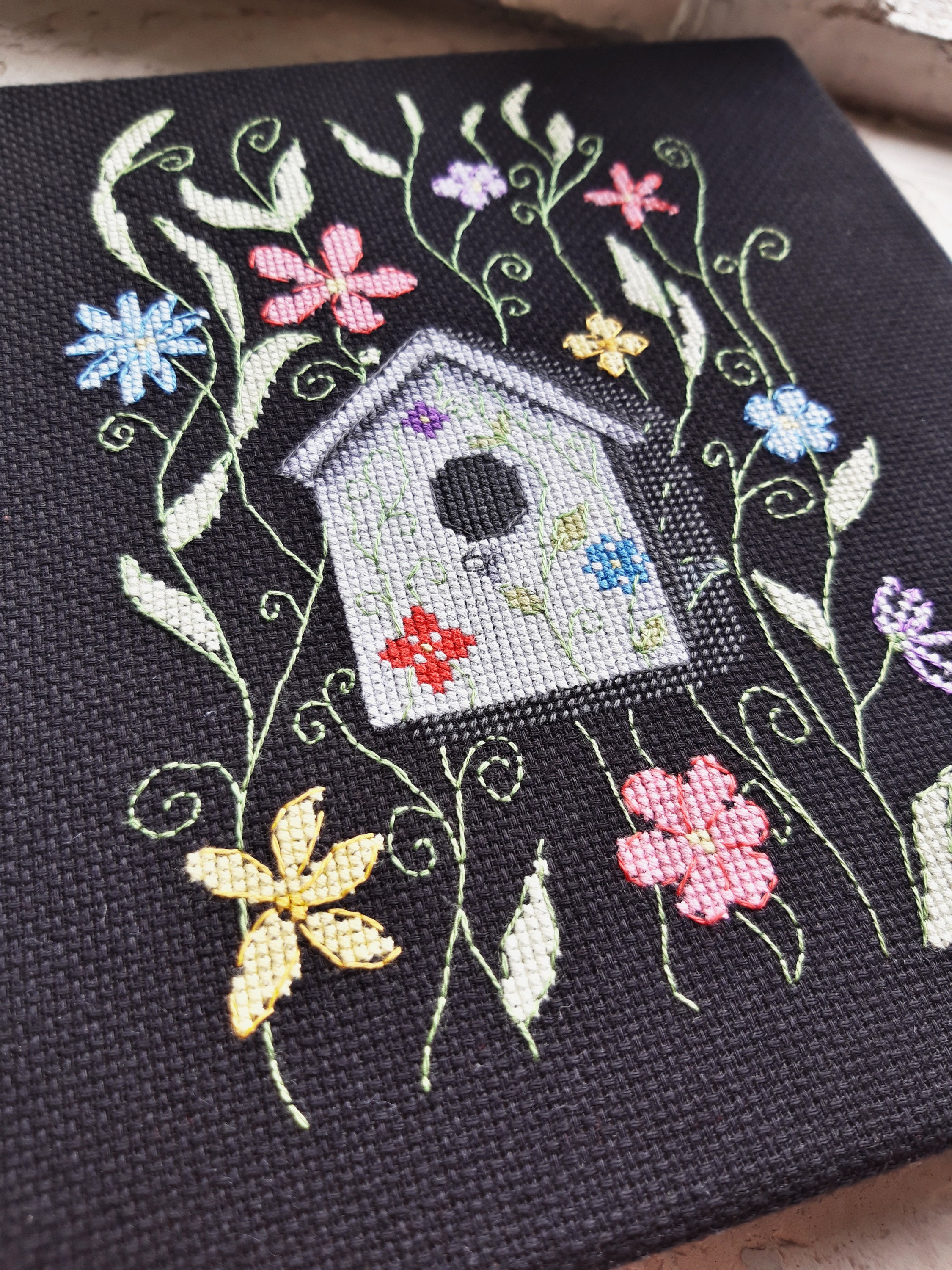 Birdhouse nightlight cross stitch pattern Birdhouse on black | Etsy
