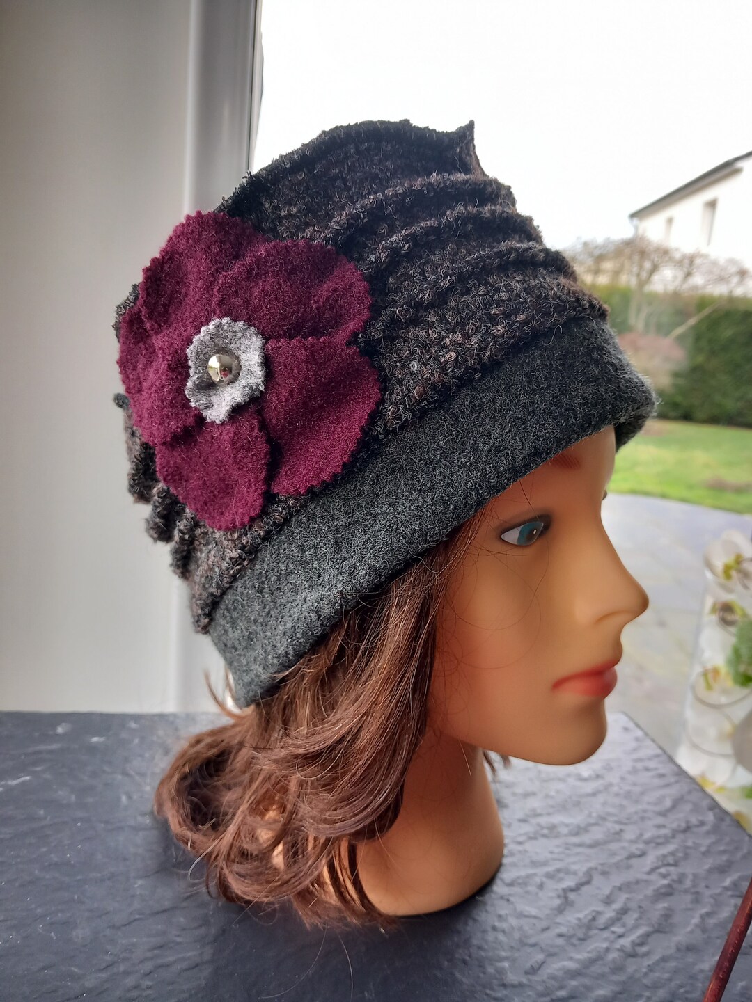 Toque, Women's Hat, Boiled Wool Cap in Anthracite Gray and Burgundy and ...
