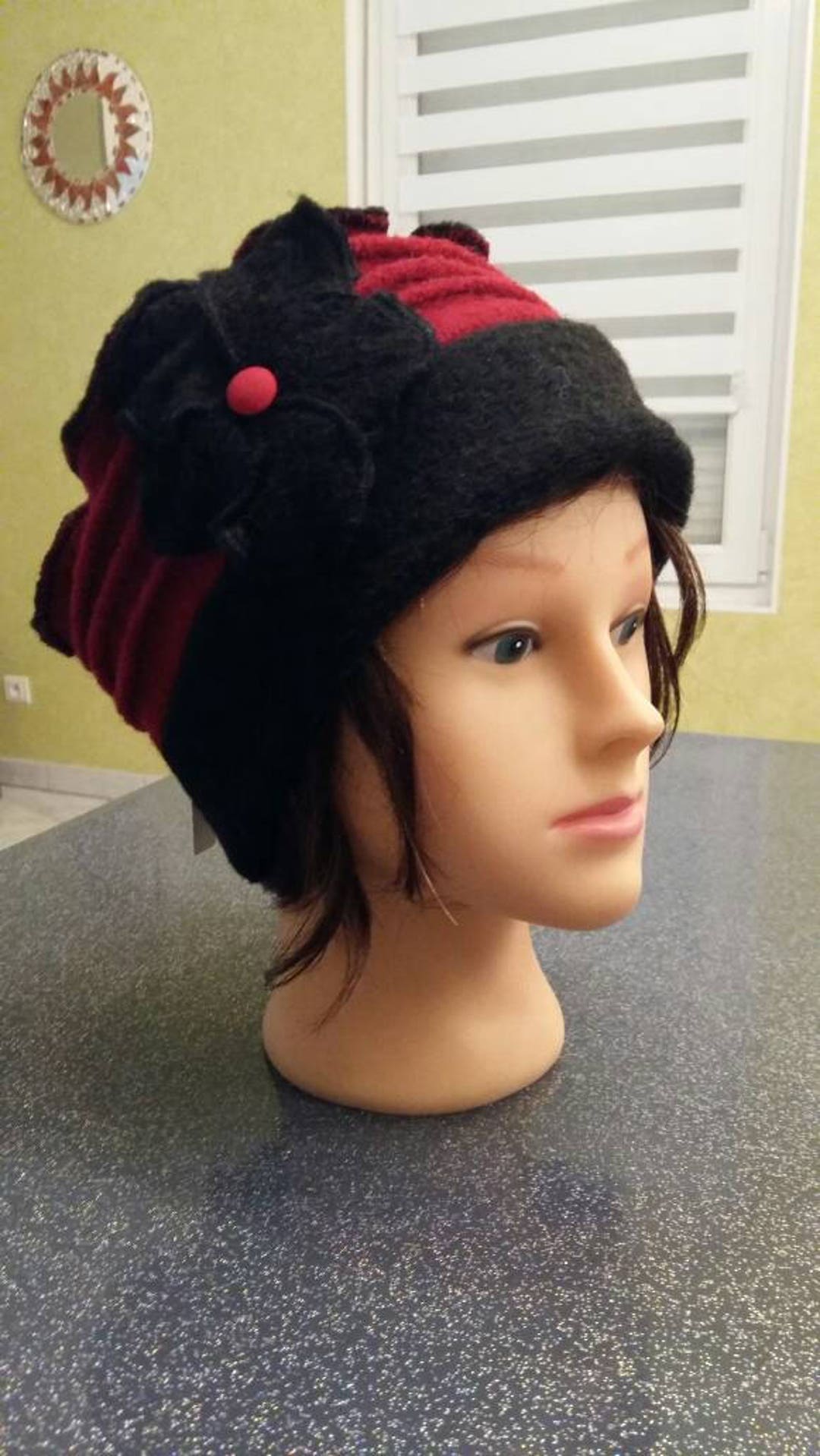 Women's Toque, Bonnet, Hat in Black and Red Boiled Wool - Etsy
