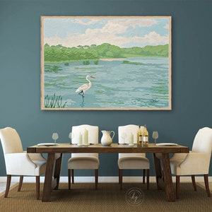 Landscape Wall Art , Heron Painting , Wading Bird , Modern Coastal Art ...