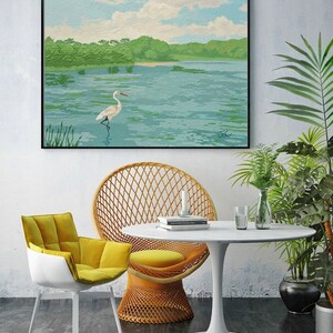 Landscape Wall Art , Heron Painting , Wading Bird , Modern Coastal Art ...
