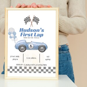 First Lap Race Car First Birthday Invitations - Blue - Digital ...
