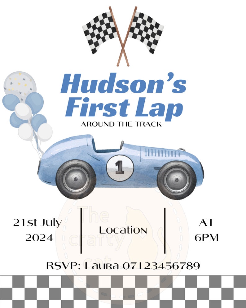 First Lap Race Car First Birthday Invitations - Blue - Digital ...