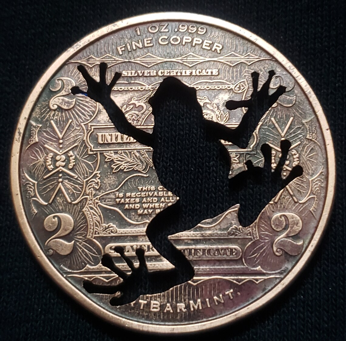 Lucky Frog Hand Cut Into A .999 1oz. Pure Copper Round With 2 Dollar ...