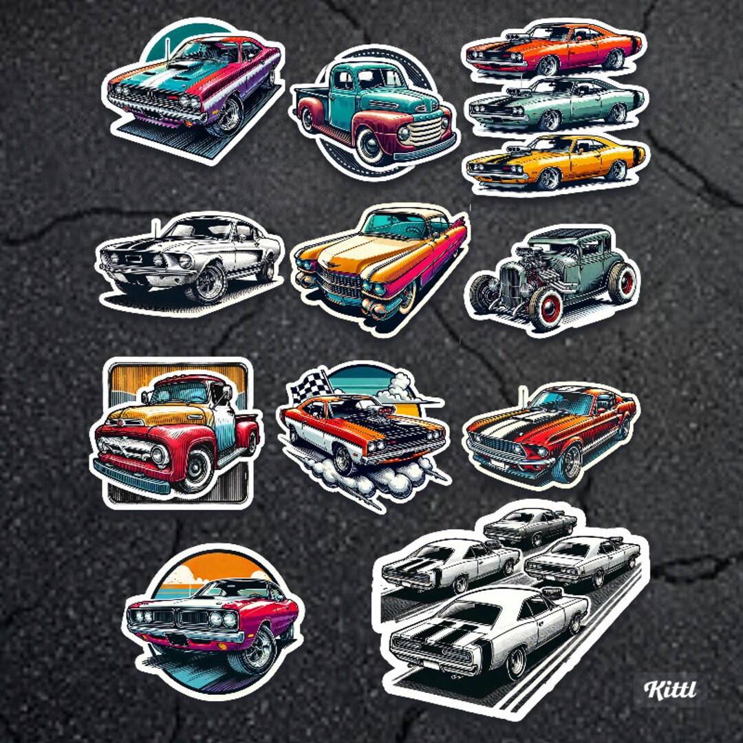 Classic Car Sticker Decal Set Vintage Muscle Cars, Retro Hot Rods, and ...
