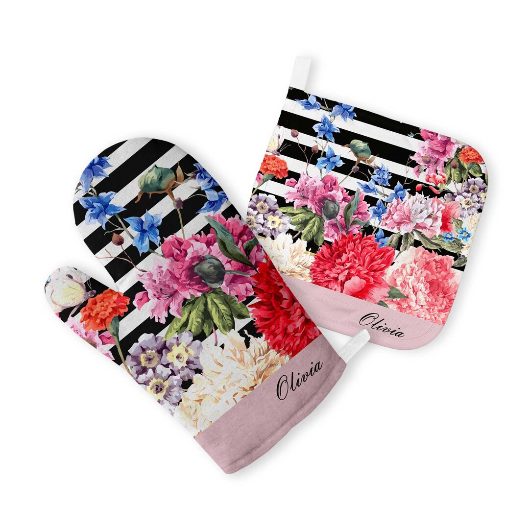 Floral Mittens Potholders Striped Pad Oven Gloves Hausewarming - Etsy