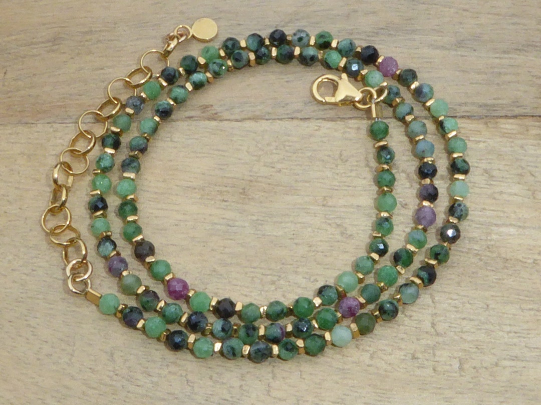 Collier rubis zoisite et vermeil, ras de cou pierre verte et doré, fin ...