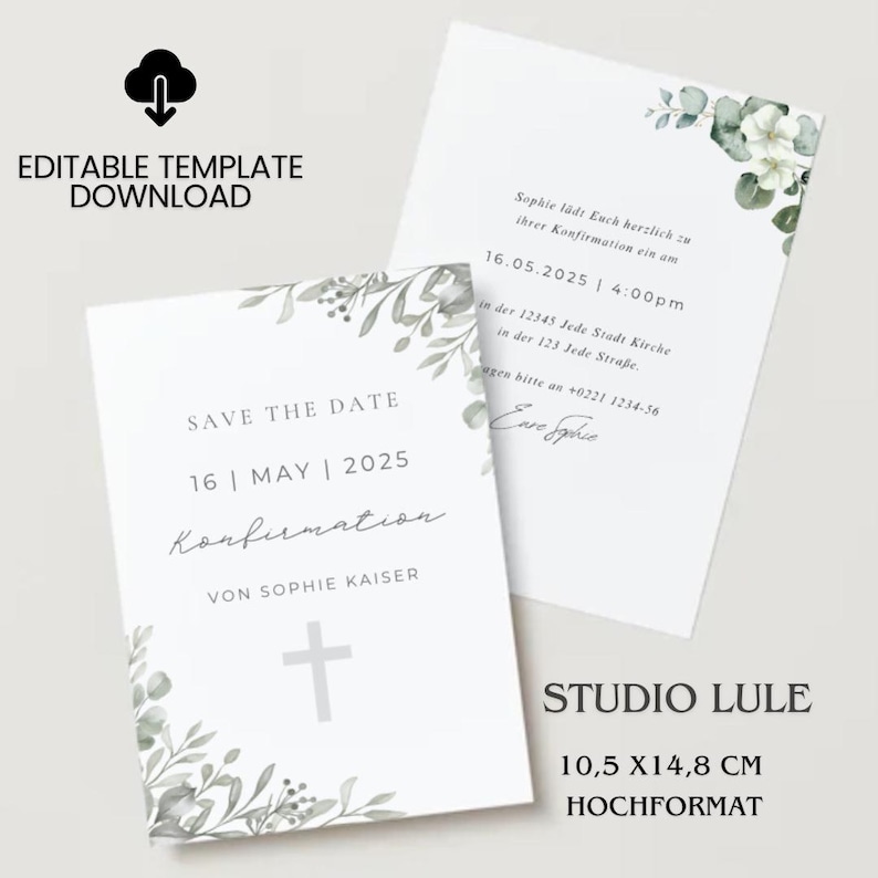 Confirmation Kommunion Invitation Editable Template, Konfirmation ...