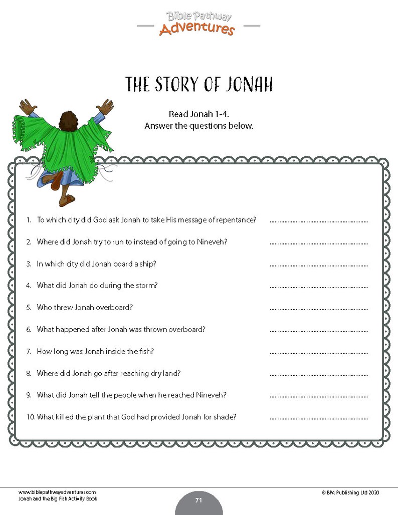 Jonah and the Big Fish Activity Book & Lesson Plans - Etsy