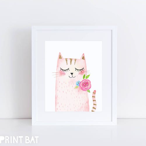 Printable Nursery Wall Art Pink Cat Print Baby Girls Room - Etsy