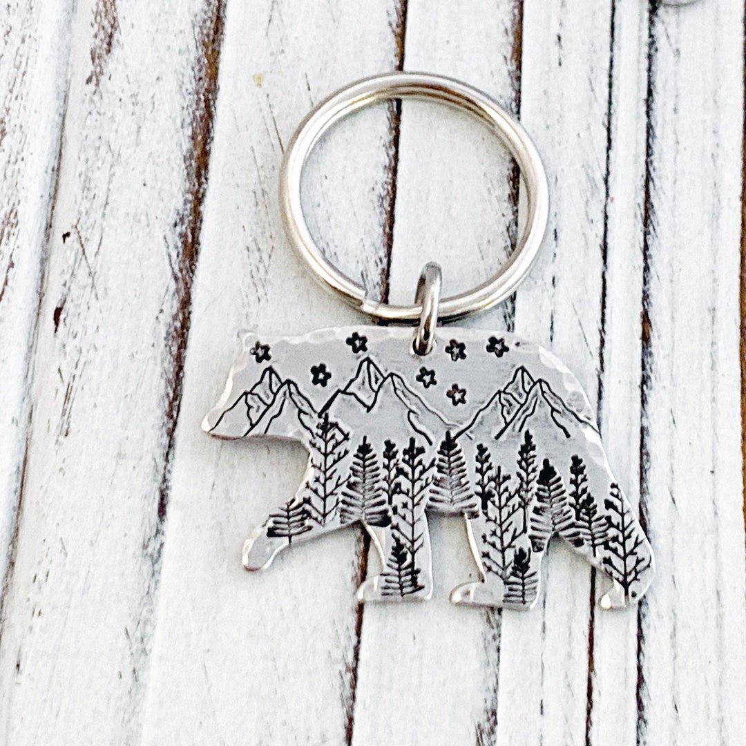 Forest Bear Hand Stamped Aluminum Key Chain / Bear Key Chain / - Etsy