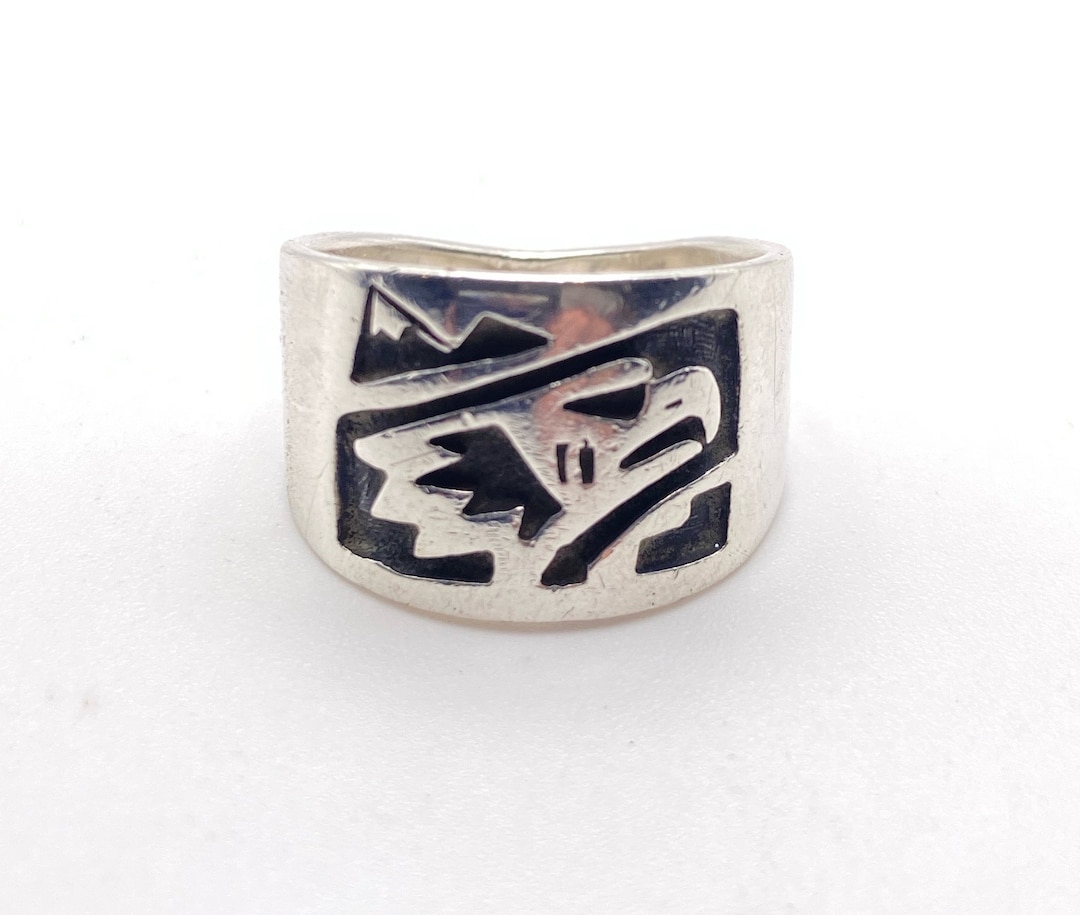 Hopi Overlay Sterling Silver Eagle and Mountain Ring, Size 8-1/2 - Etsy