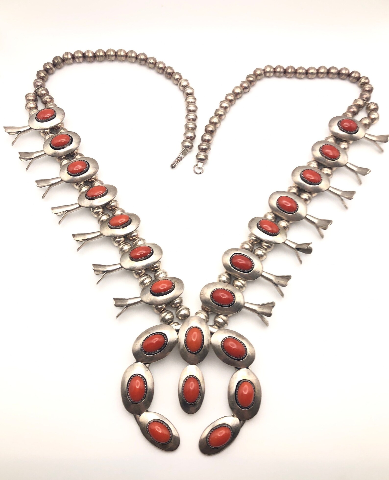 Wilson Padilla Navajo Coral Shadow Box Sterling Silver Squash Blossom ...