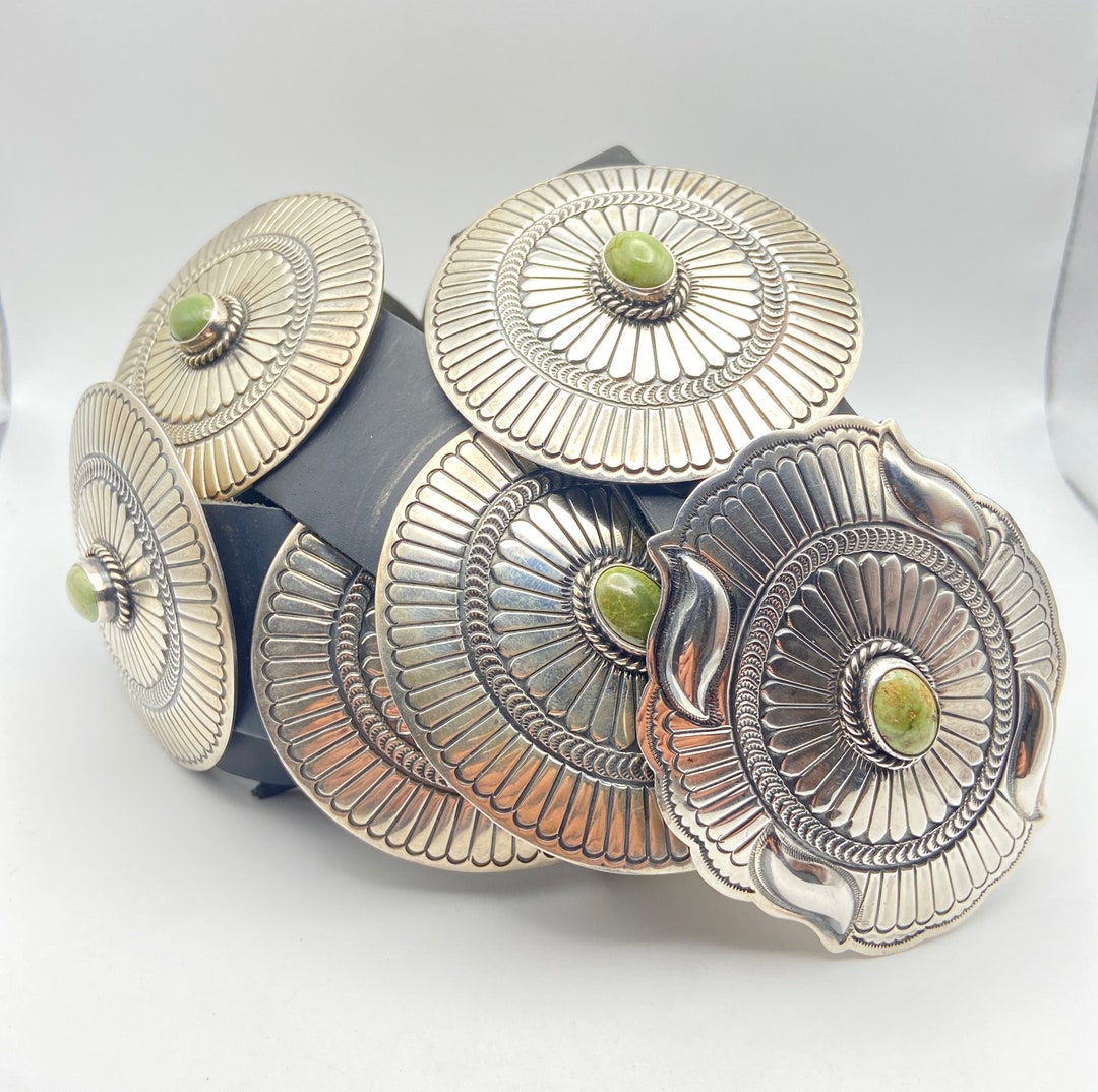 Bold and Large Conchos Navajo Sterling Silver and Green Turquoise ...