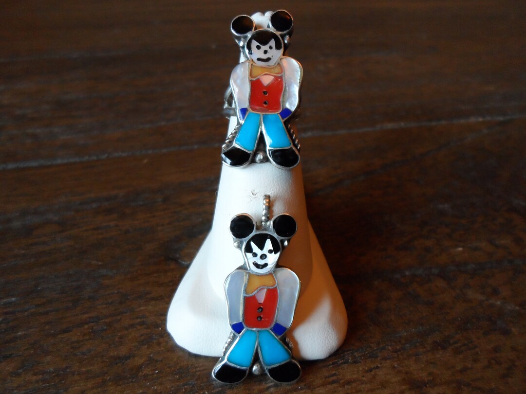Zuni Mickey Mouse Jewelry, Inlay Ring and Pendant Set, Sterling Silver ...