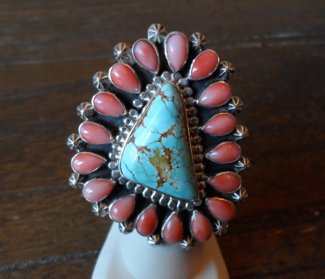 Tonya June Rafael Coral and Turquoise Ring, Adjustable Size 7 - Etsy