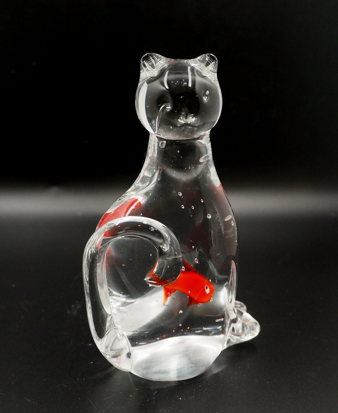 Vintage Art Glass Paperweight Cat Figurine With Fish - Etsy