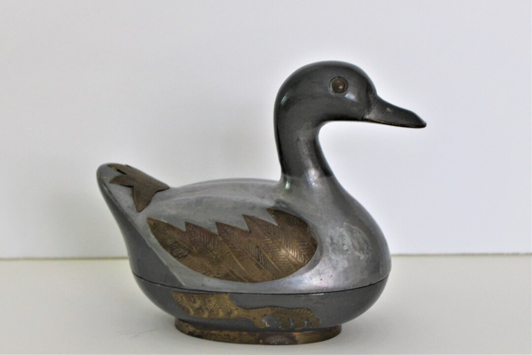Vintage Pewter and Brass Duck Trinket Box - Etsy