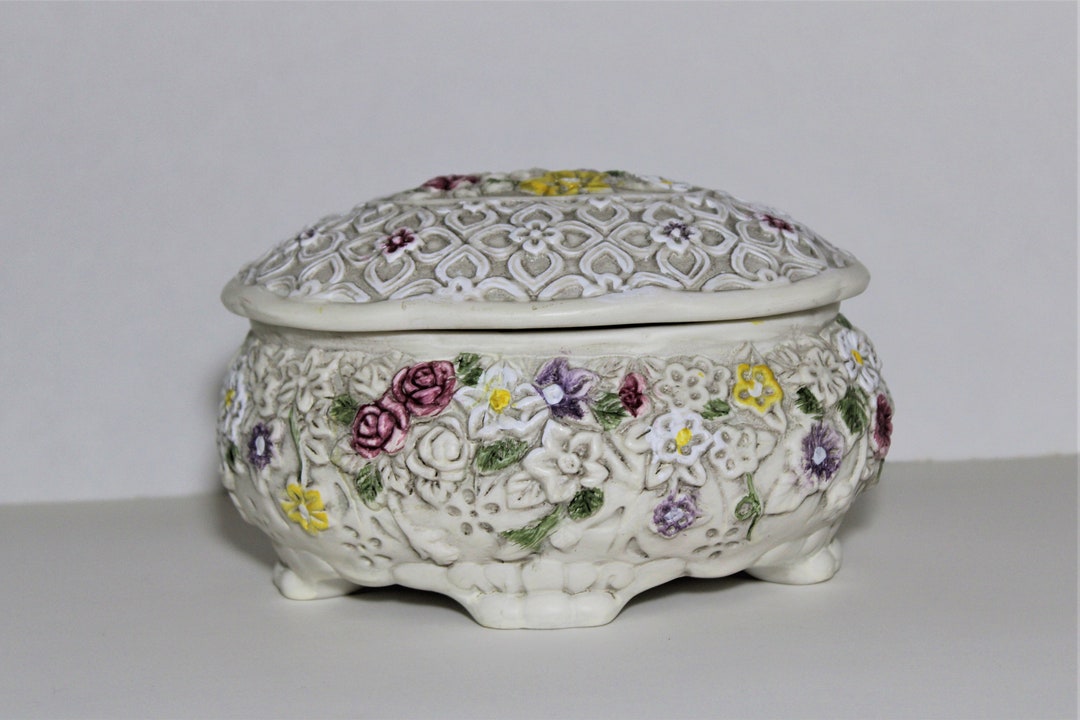 Vintage Porcelain Oval Trinket Box 3D Embossed Floral Design Footed ...