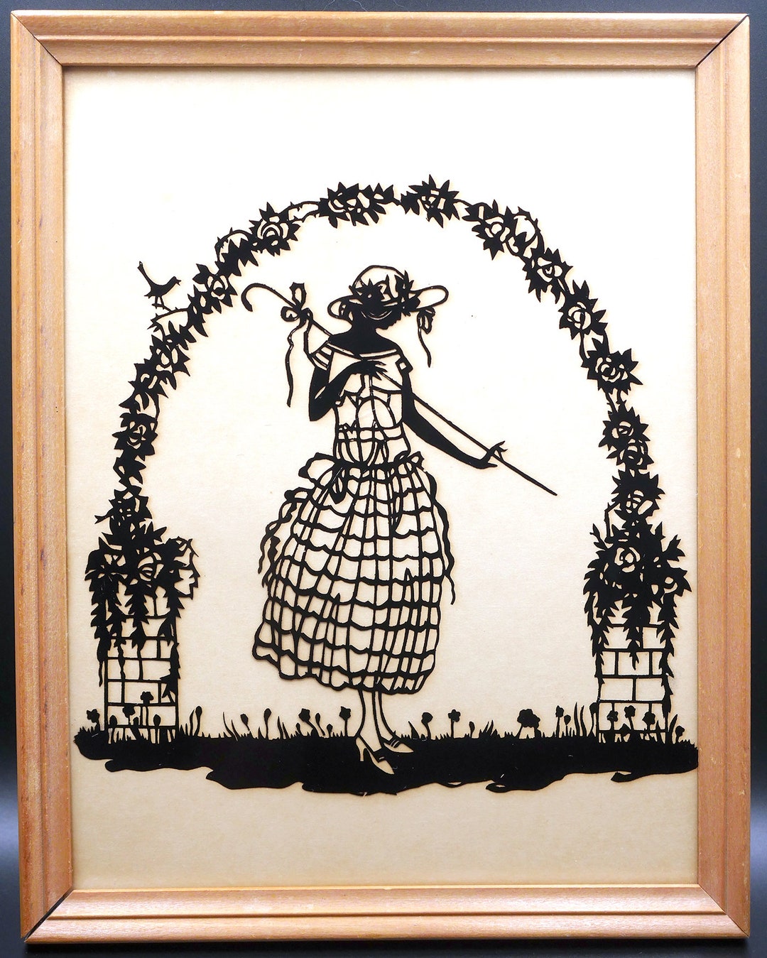 Vintage Scherenschnitte Paper Cut Silhouette Girl Under Flower Gate ...