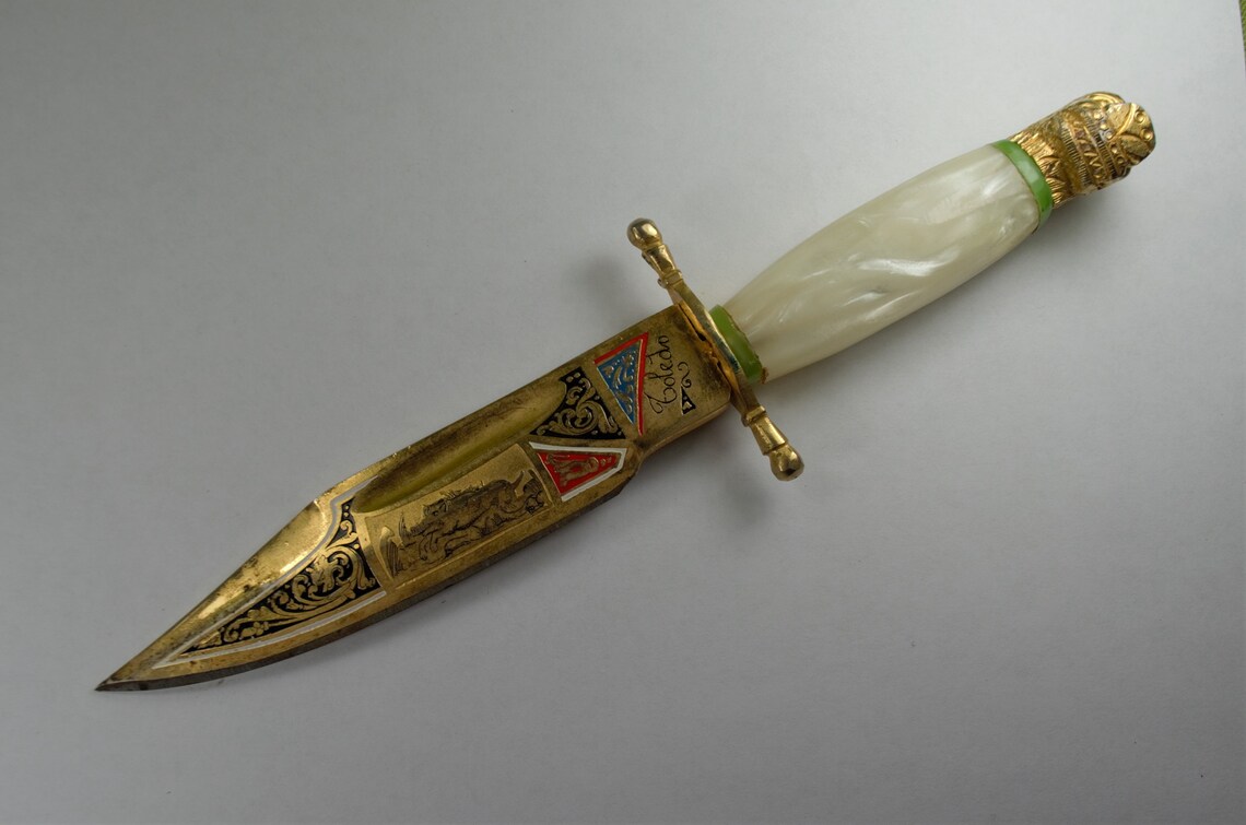 Vintage Toledo Hunting Scene Etched Gold Blade Knife - Etsy