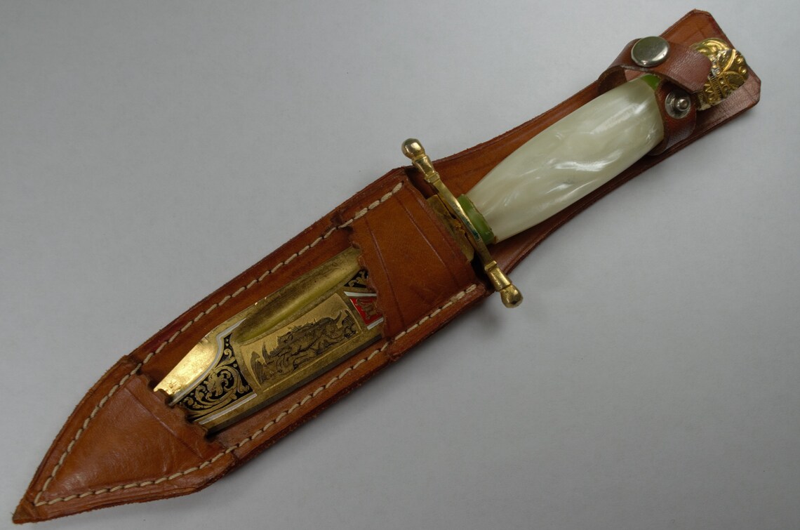 Vintage Toledo Hunting Scene Etched Gold Blade Knife - Etsy