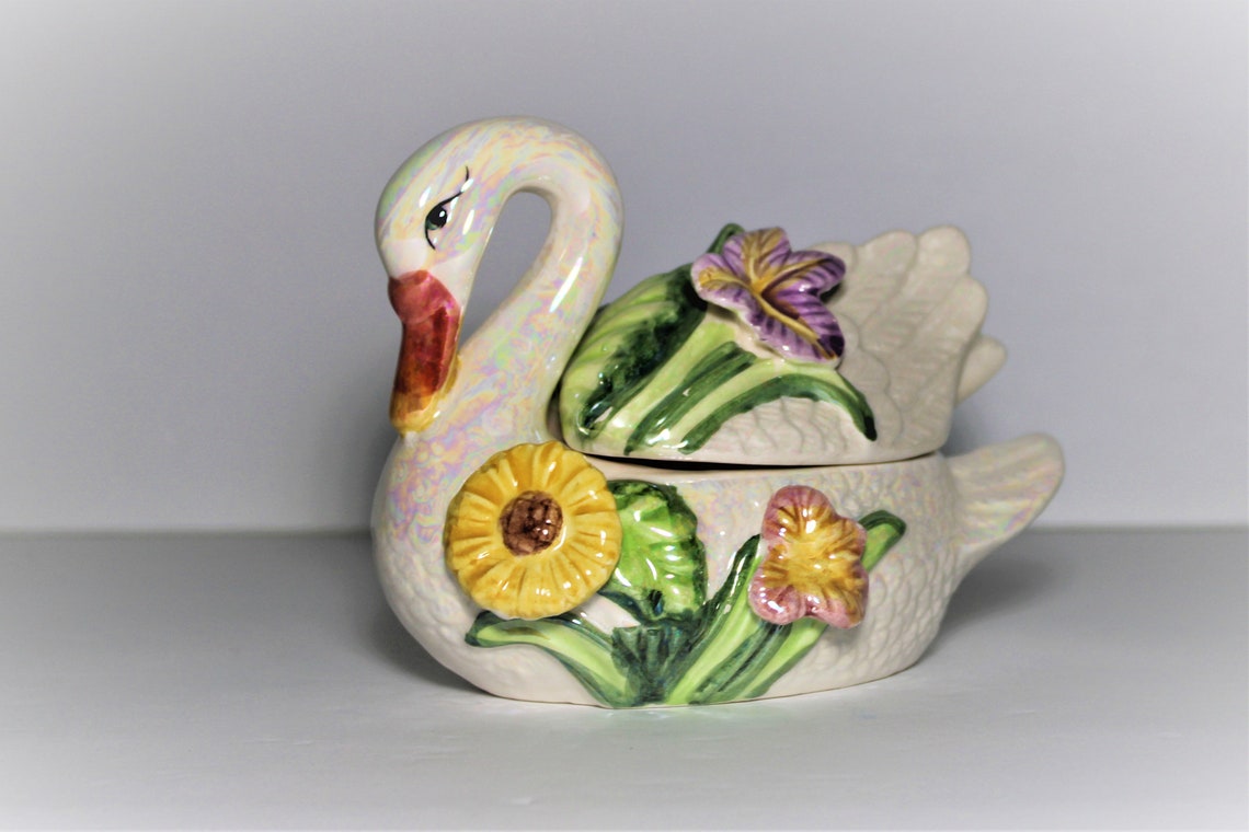 Vintage Porcelain Swan Floral Trinket Box - Etsy